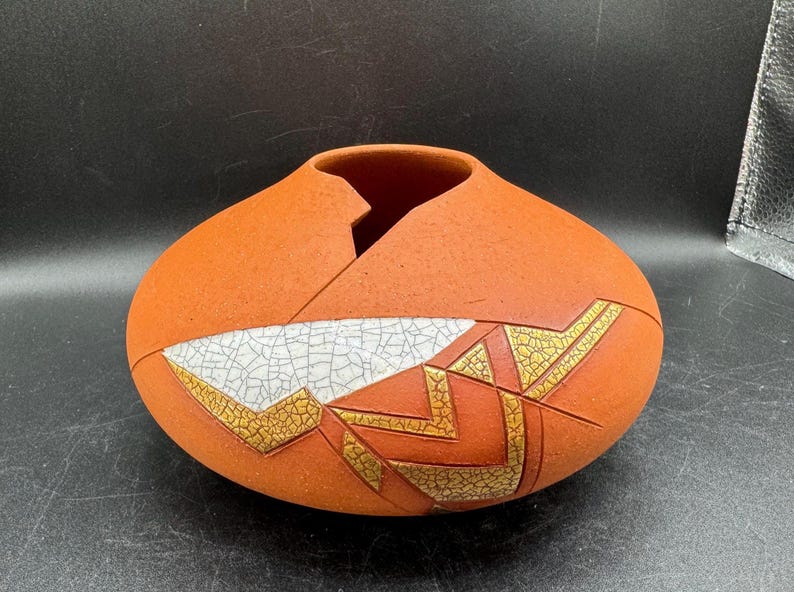TERRY HABEGER Art Pottery Metallic Gold Crackle White Crackle Ceramic ...