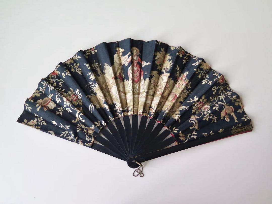 LARGE Victorian Fan, Black Hand Fan With Romantic Scene, 1800s, Gold ...