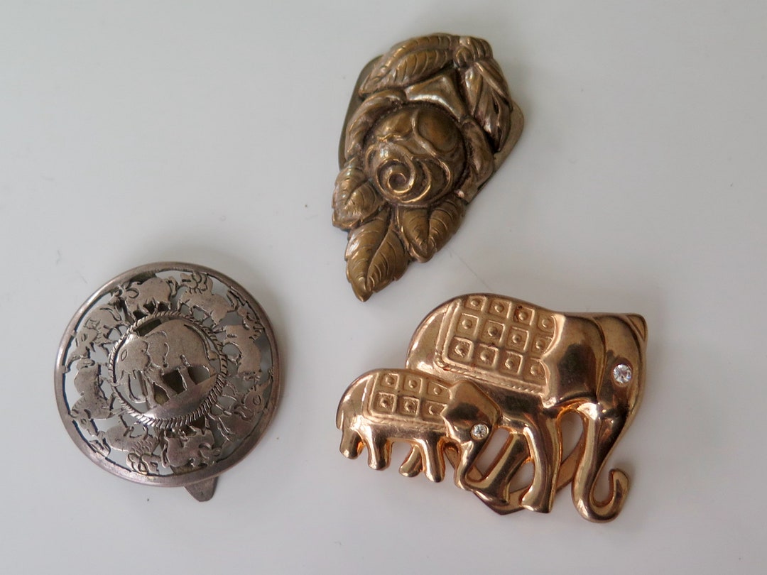 THREE Vintage and Antique Dress Clips, Two Elephant Clips and One Rose ...