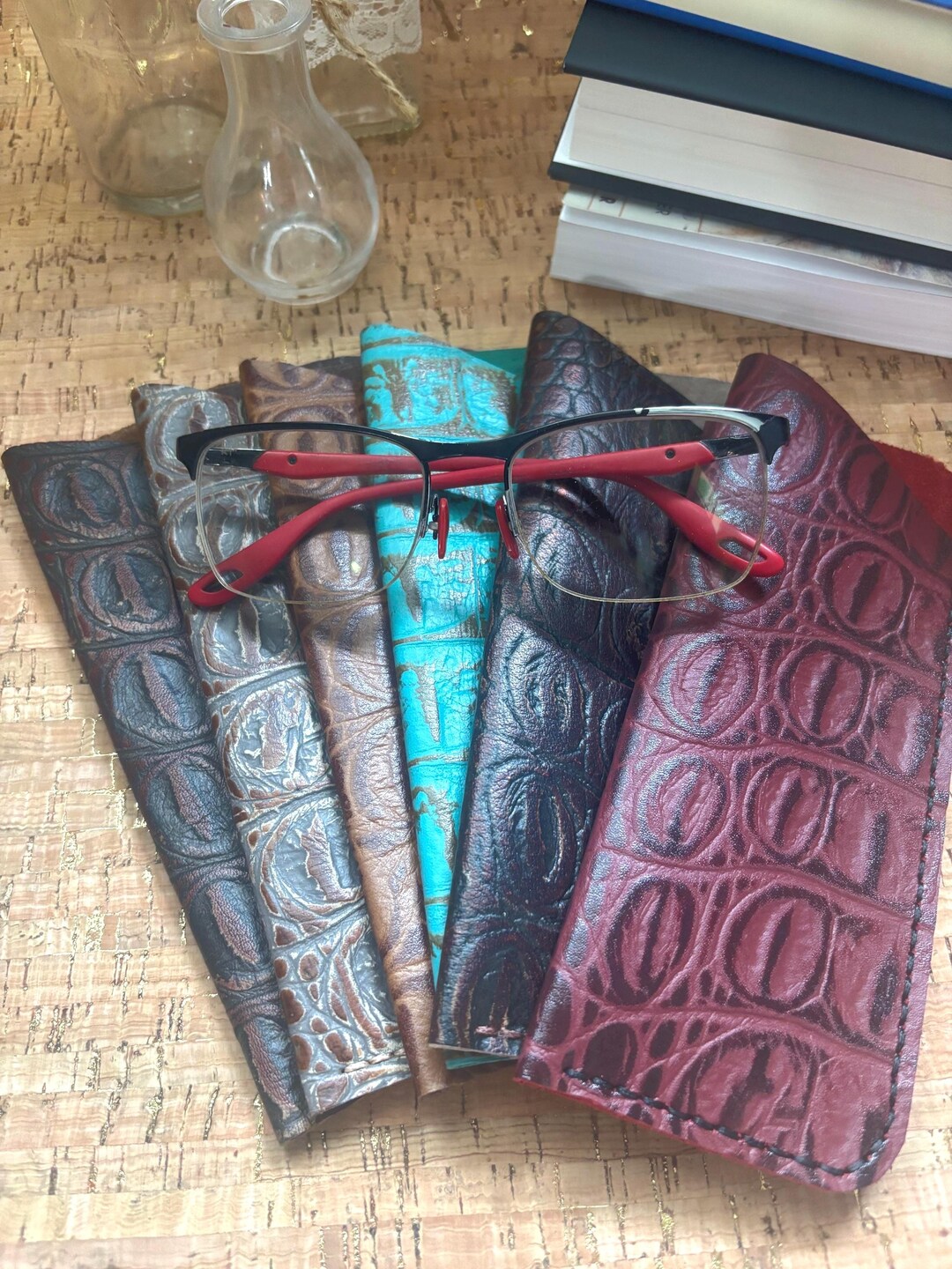 Crocodile Embossed Light Brown Suede Leather Eyeglasses Holder ...