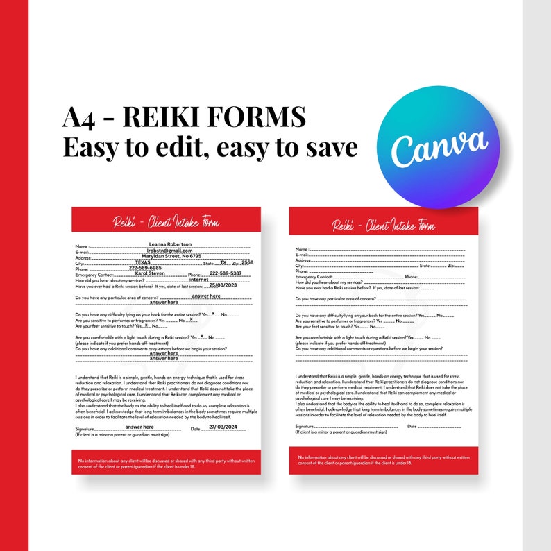 Reiki Business Form, Editable Reiki Form, Printable Reiki Form ...