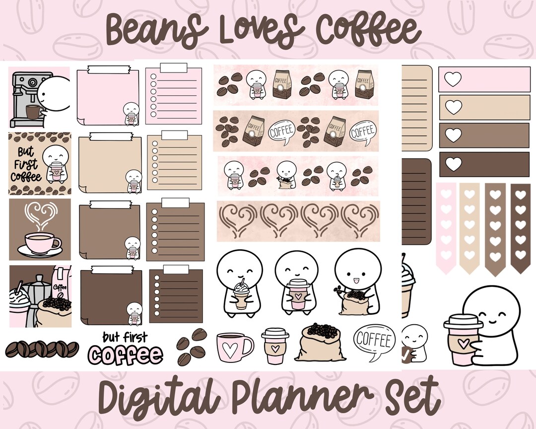 Coffee Emoticon Digital Planner Sticker Set Bullet Journal Washi Tape ...