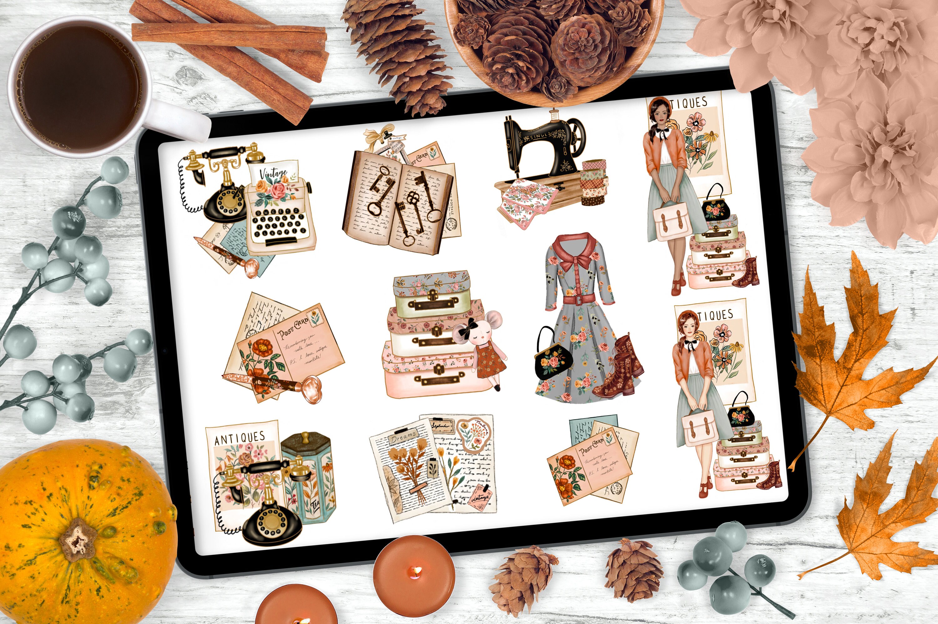 Vintage Digital Planner Stickers for Goodnotes Fall Antique - Etsy