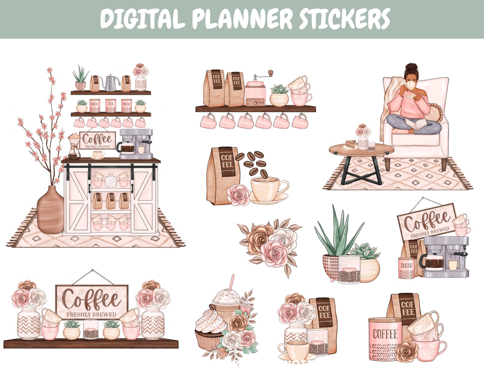 Coffee Digital Planner Stickers for Goodnotes Cozy Farmhouse - Etsy
