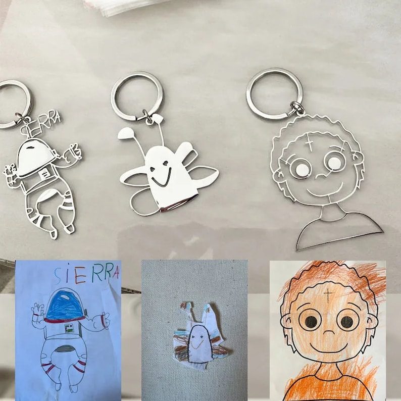 Personalized Kids Drawing Chain Keychain, Custom Children Artwork ...