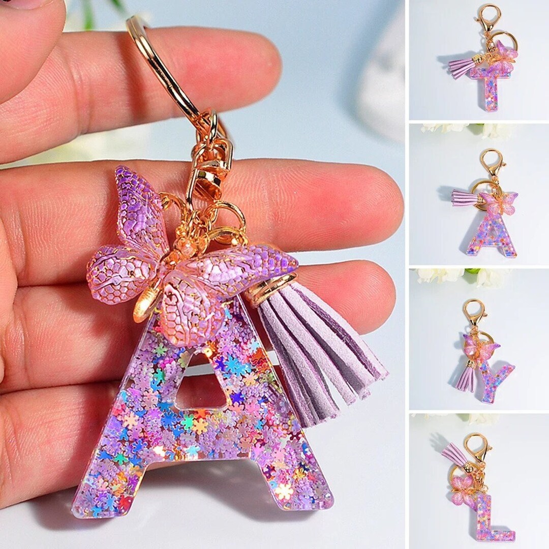 Letter Resin Keychain Glitter Gifts for Her Christmas Gift Pink Girly Flower Initial Keychains ...