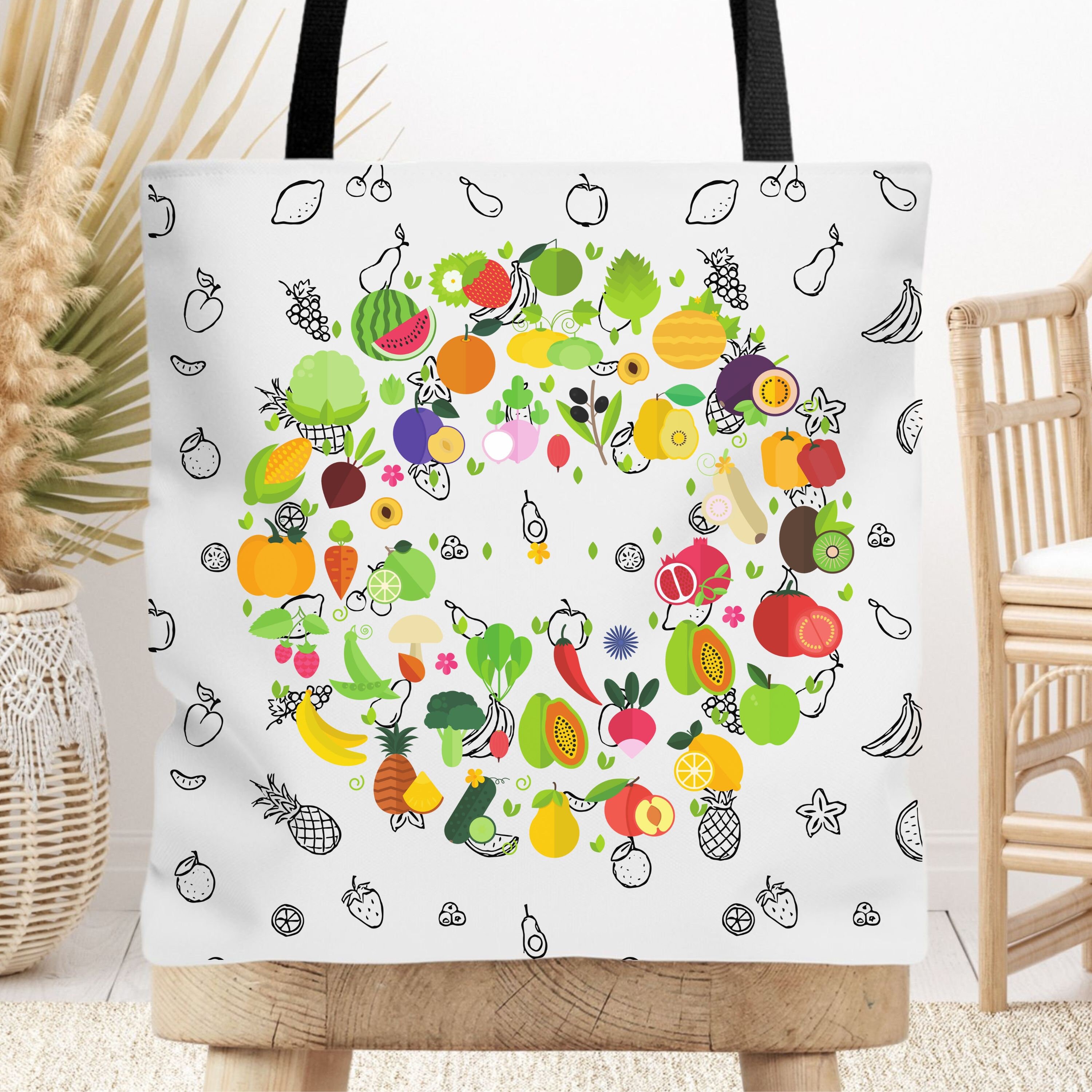 Circle Pattern Fruit and Veggie Tote Bag, Cute Gift for Fruit Lover ...