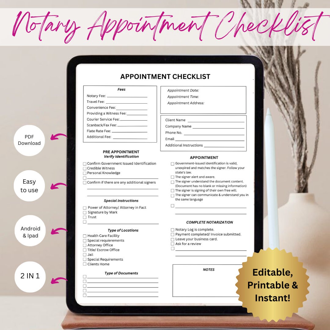 Notary Appointment Checklist Form, Notary Public Form Signing Agent ...