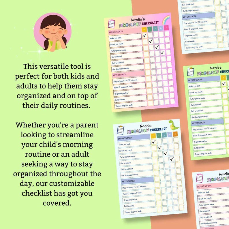Editable Schoolday Checklist for Kids, Printable, Kids Chore Chart ...