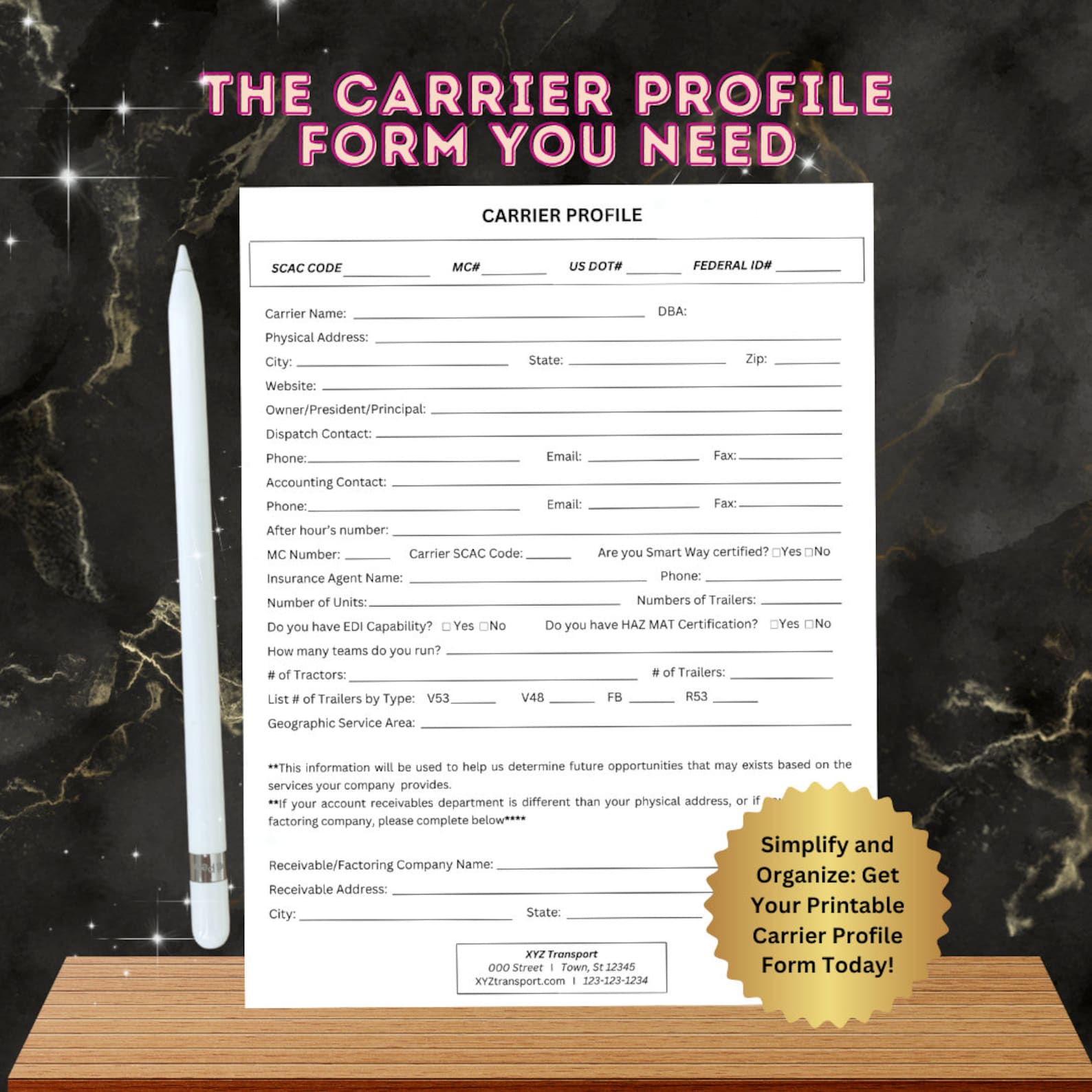 Carrier Profile Form, Carrier Registration Form, Transportation Carrier Profile, Freight Carrier ...
