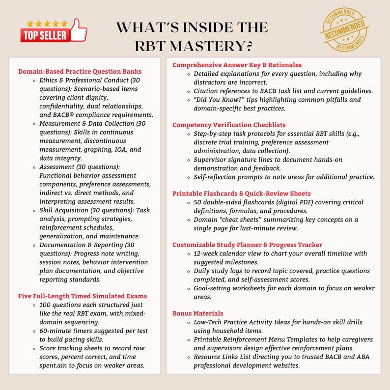 RBT Mastery Exam, ABA Study Guide, Practice Questions, Printable ...