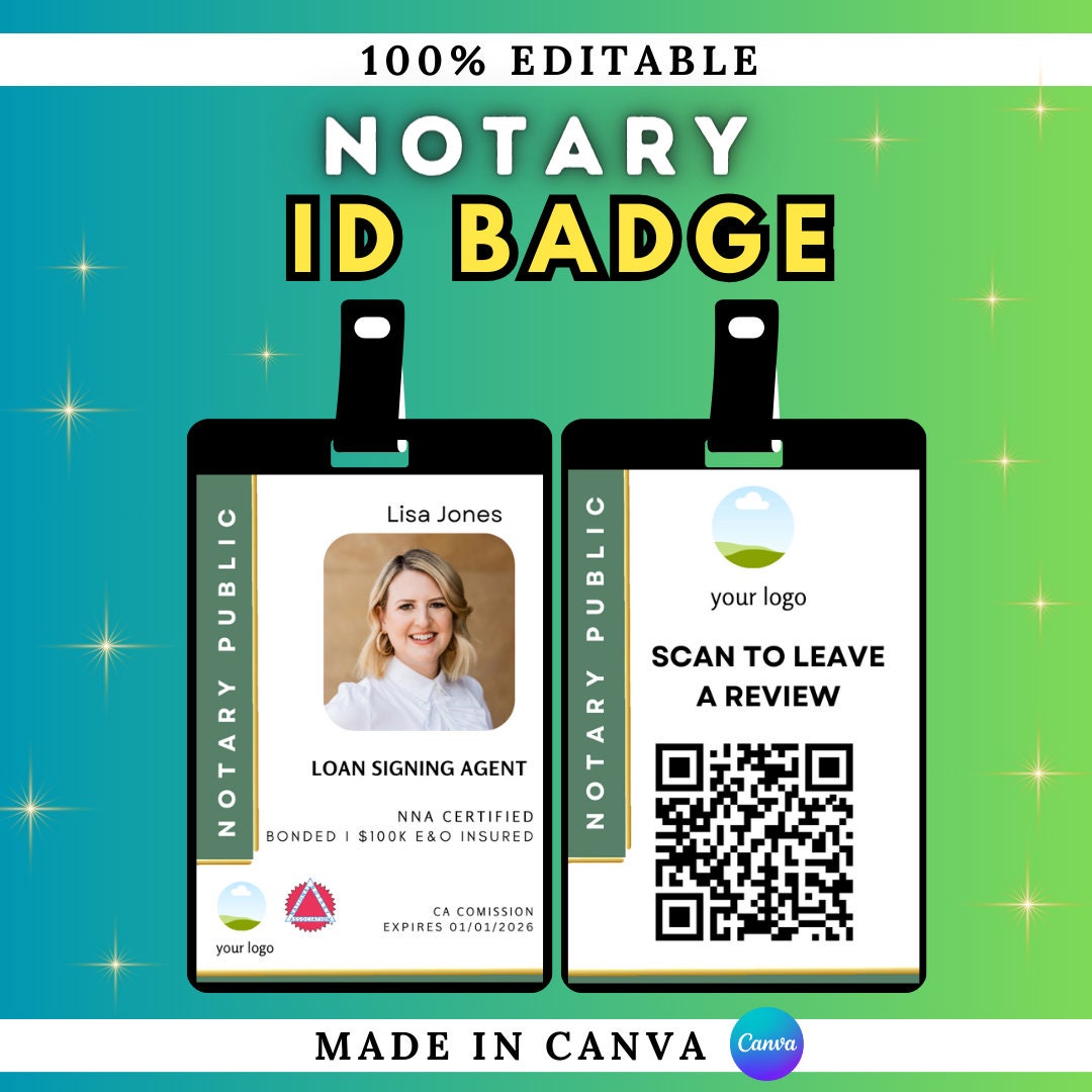 Notary ID Badge Template, Notary Badge for Loan Signing Agent, Canva ...