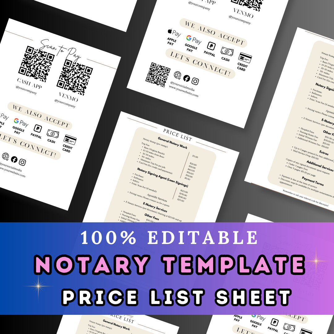 Notary List Price Sheet, Notary Flyers, Notary Bundle, Notary Marketing ...