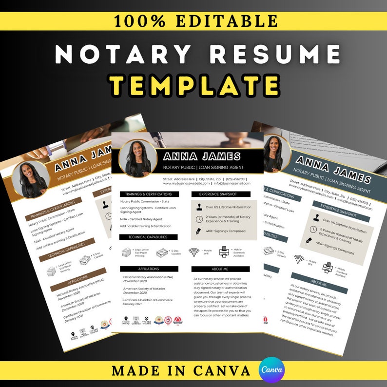 Notary Resume Template, Notary Resume Canva Template, Notary Letter ...