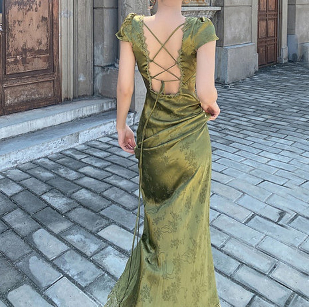 French Retro Green Dress V-neck Open Back Dress Fairy Dress - Etsy