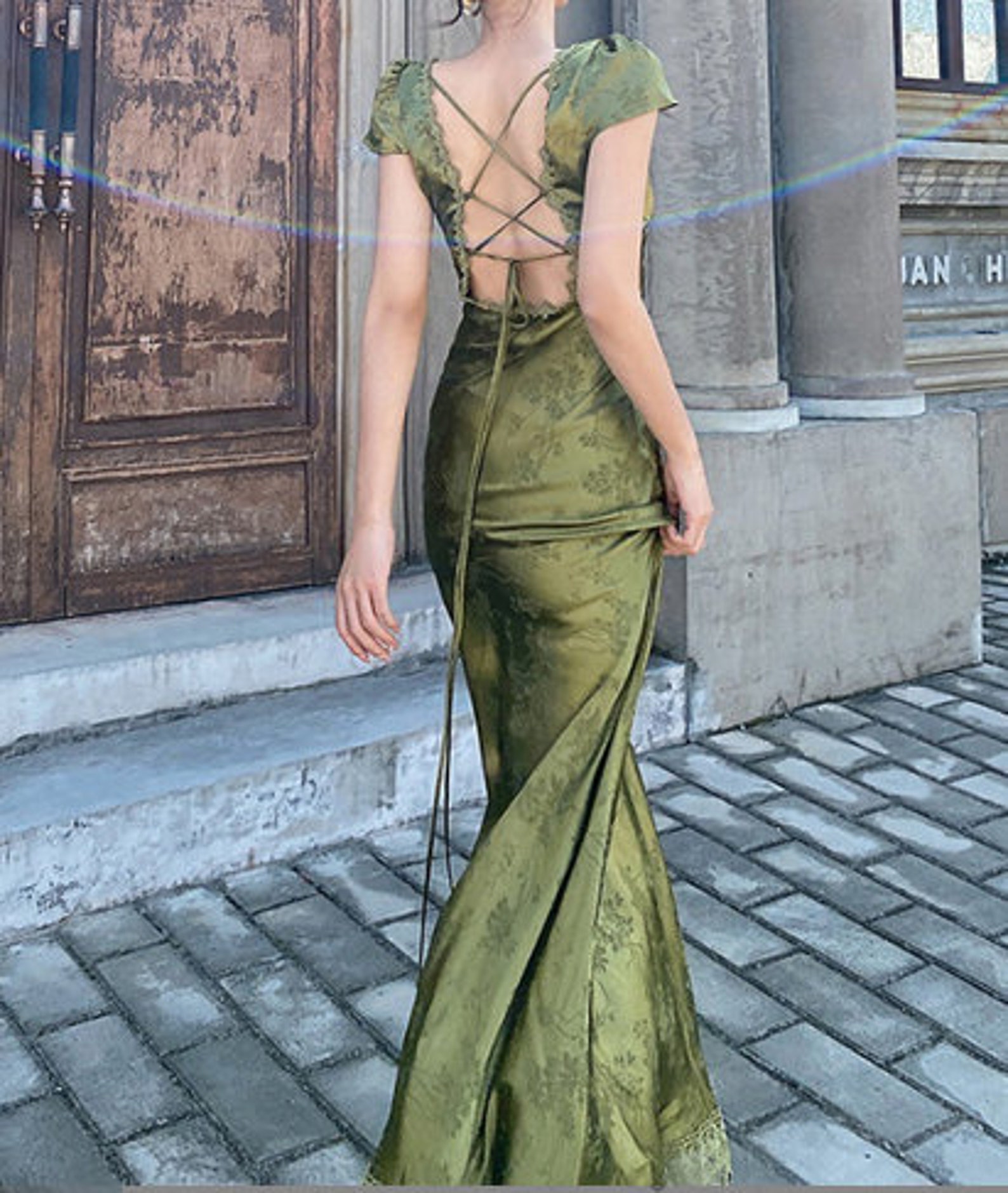 French Retro Green Dress V-neck Open Back Dress Fairy Dress - Etsy
