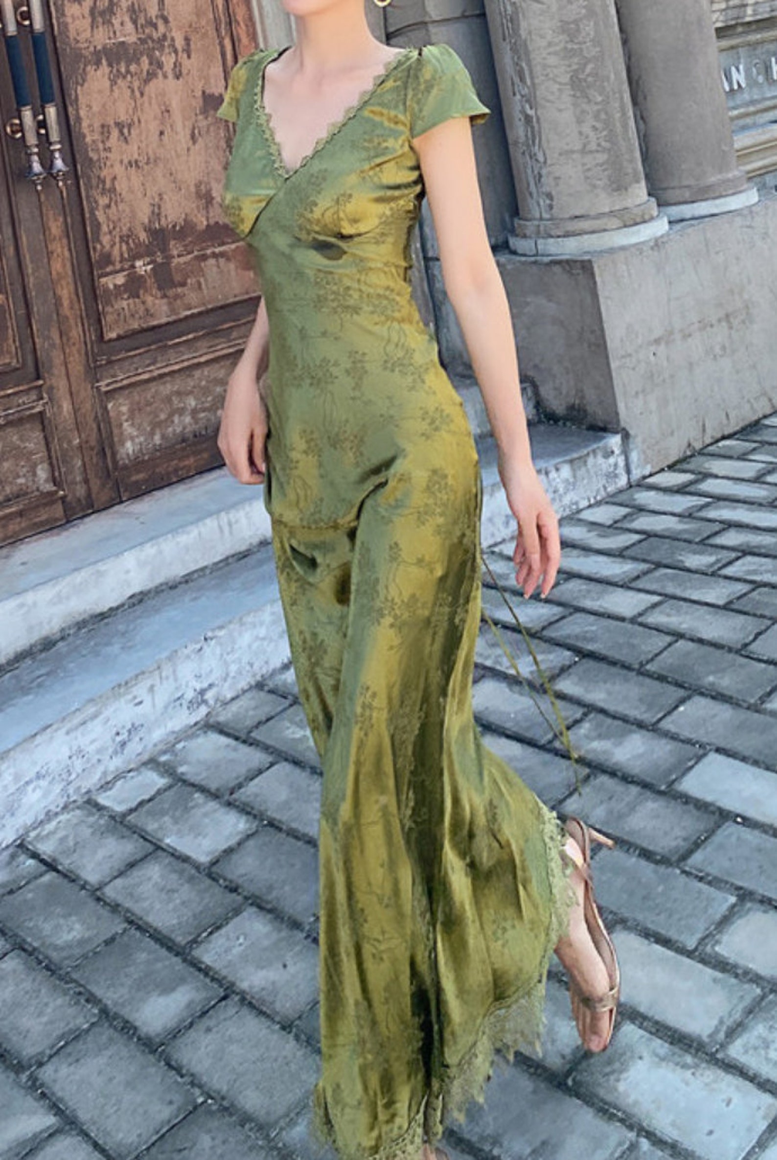 French Retro Green Dress V-neck Open Back Dress Fairy Dress - Etsy