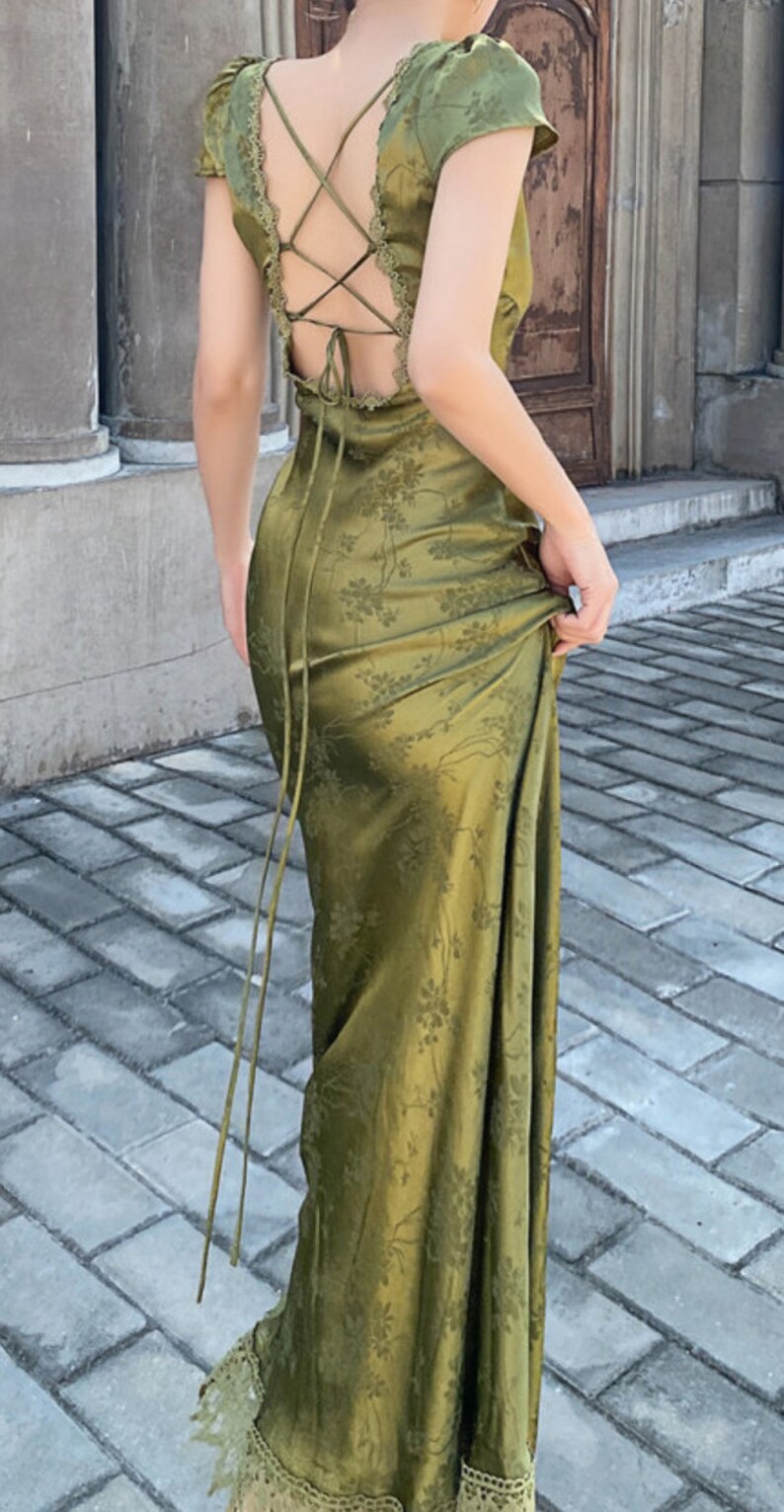 French Retro Green Dress V-neck Open Back Dress Fairy Dress - Etsy