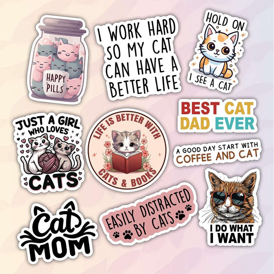 10pcs Cute Cat Stickers Pack, Cute Cat Lover Gift, Cat Mom Sticker, Cat ...