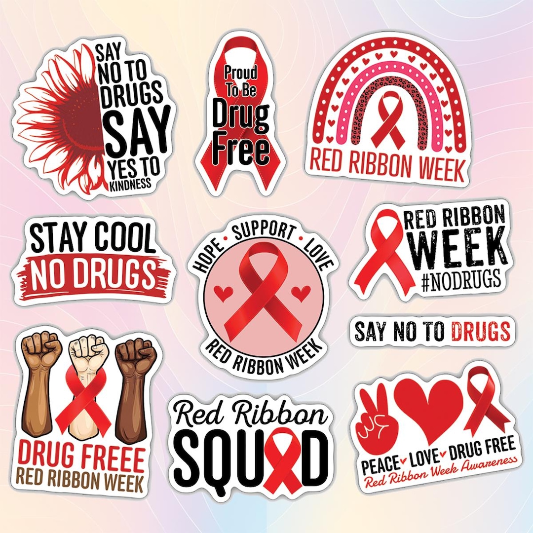 10pcs Red Ribbon Stickers, Red Ribbon Week Drug Free Awareness Decals ...