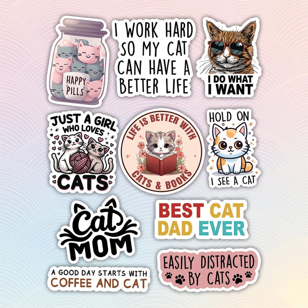 10pcs Cute Cat Stickers Pack, Cute Cat Lover Gift, Cat Mom Sticker, Cat ...