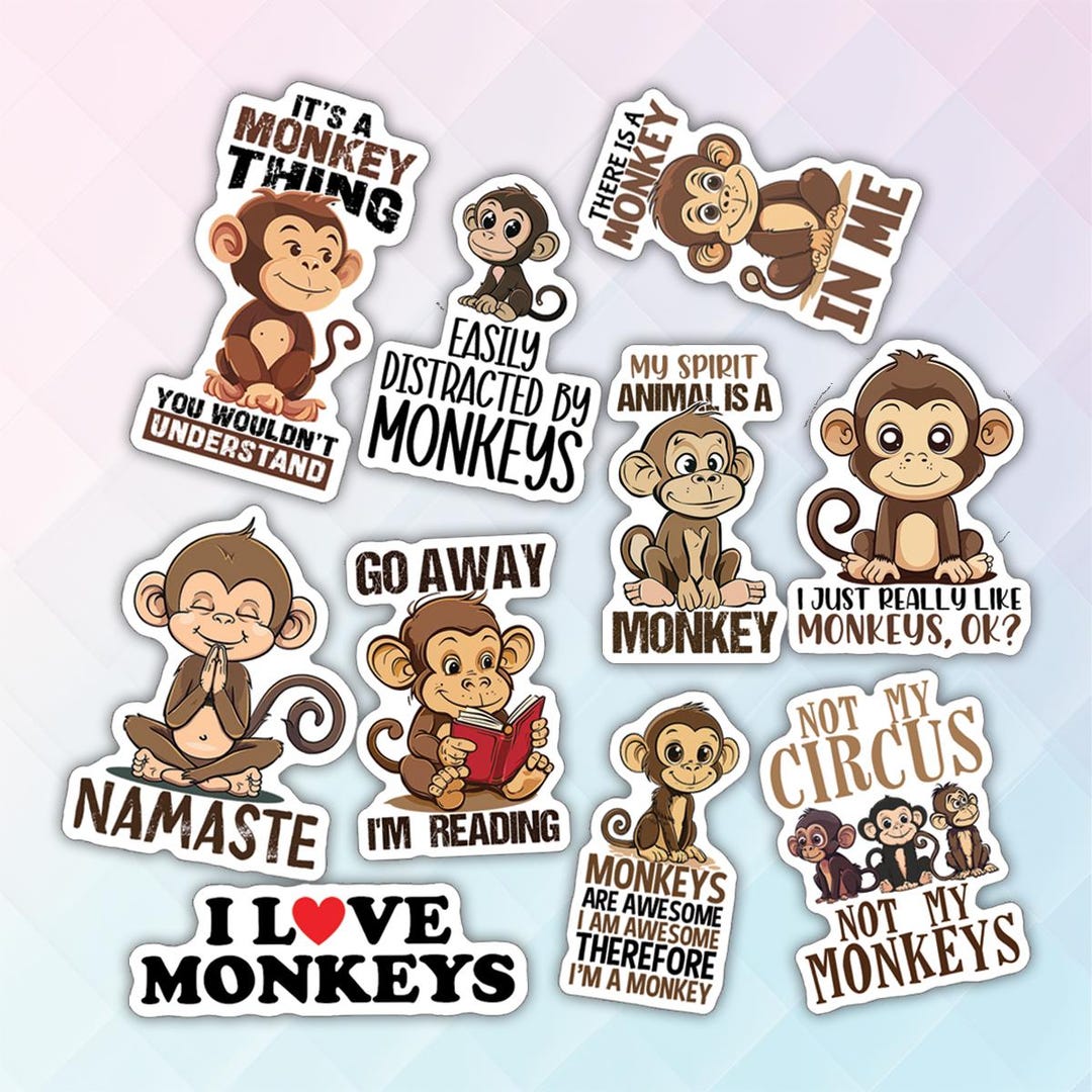 10pcs Monkey Stickers Pack, Baby Monkey Sticker, Tropical Monkey Decal ...