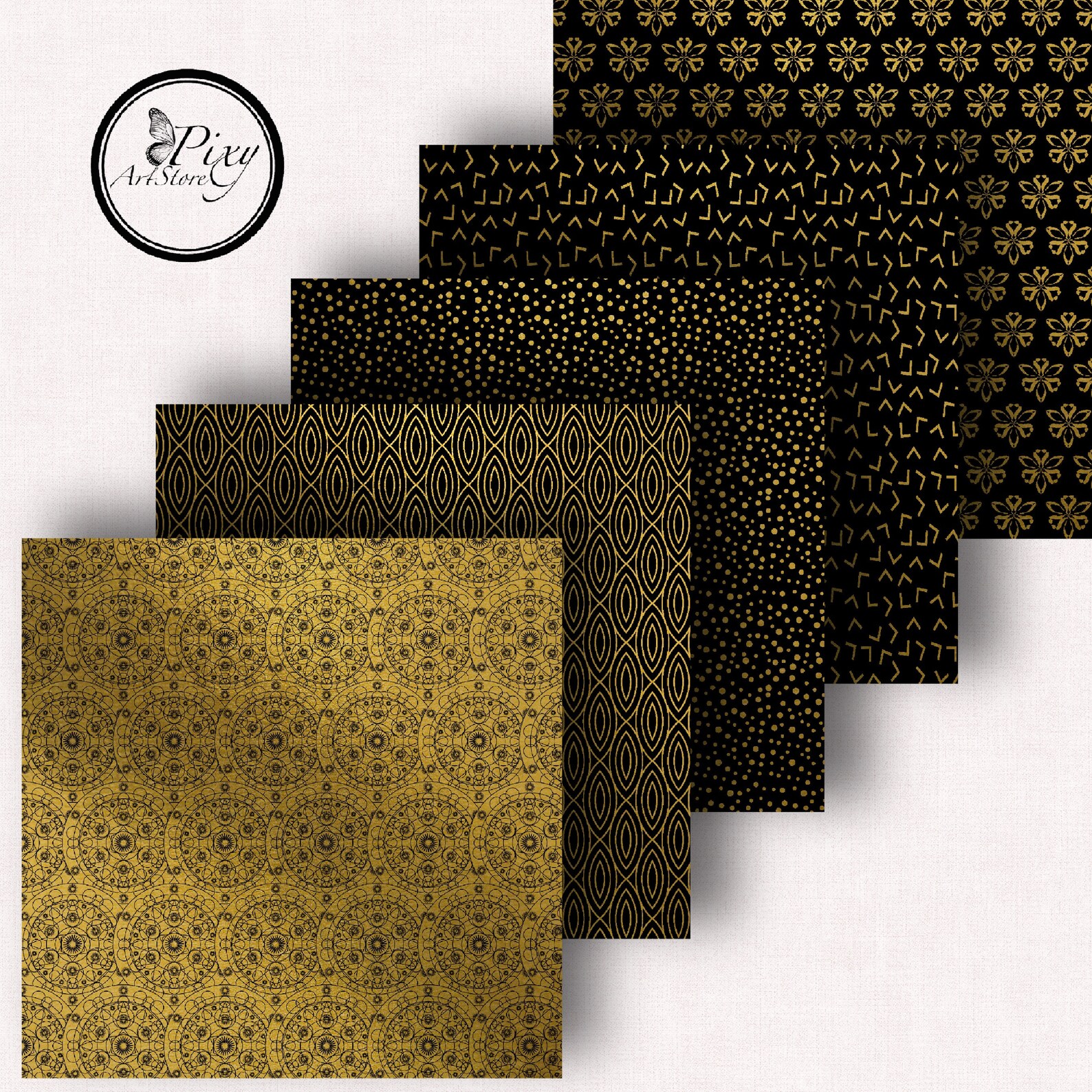 Gold and Black Digital Papers, Glitter Texture, Gold Pattern, Damask ...