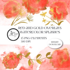 Red Watercolor Splashes, Gold Overlays, Watercolor Clipart, PNG ...