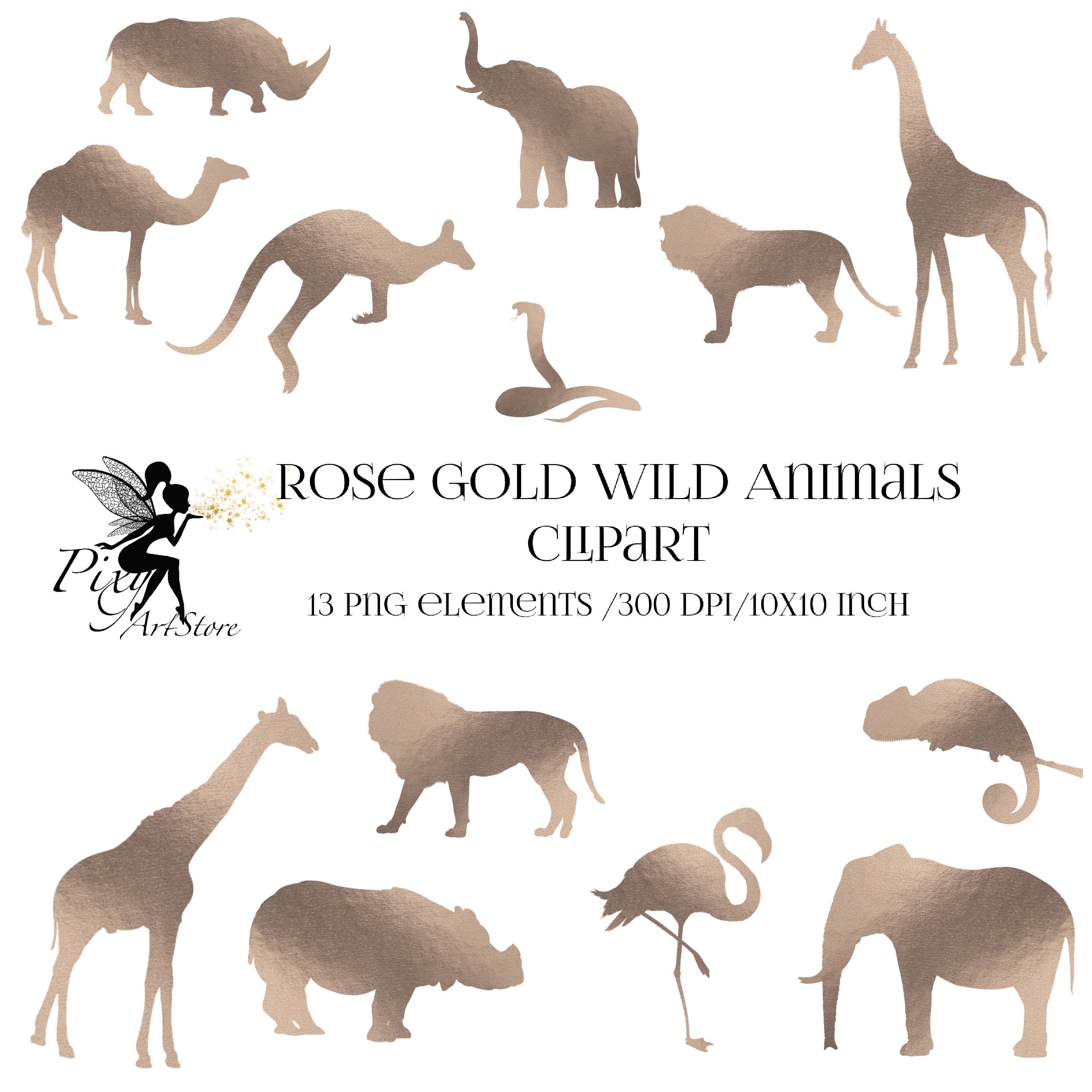Rose Gold Wild Animals Clipart, PNG Gold Animals, Jungle Safari Digital ...