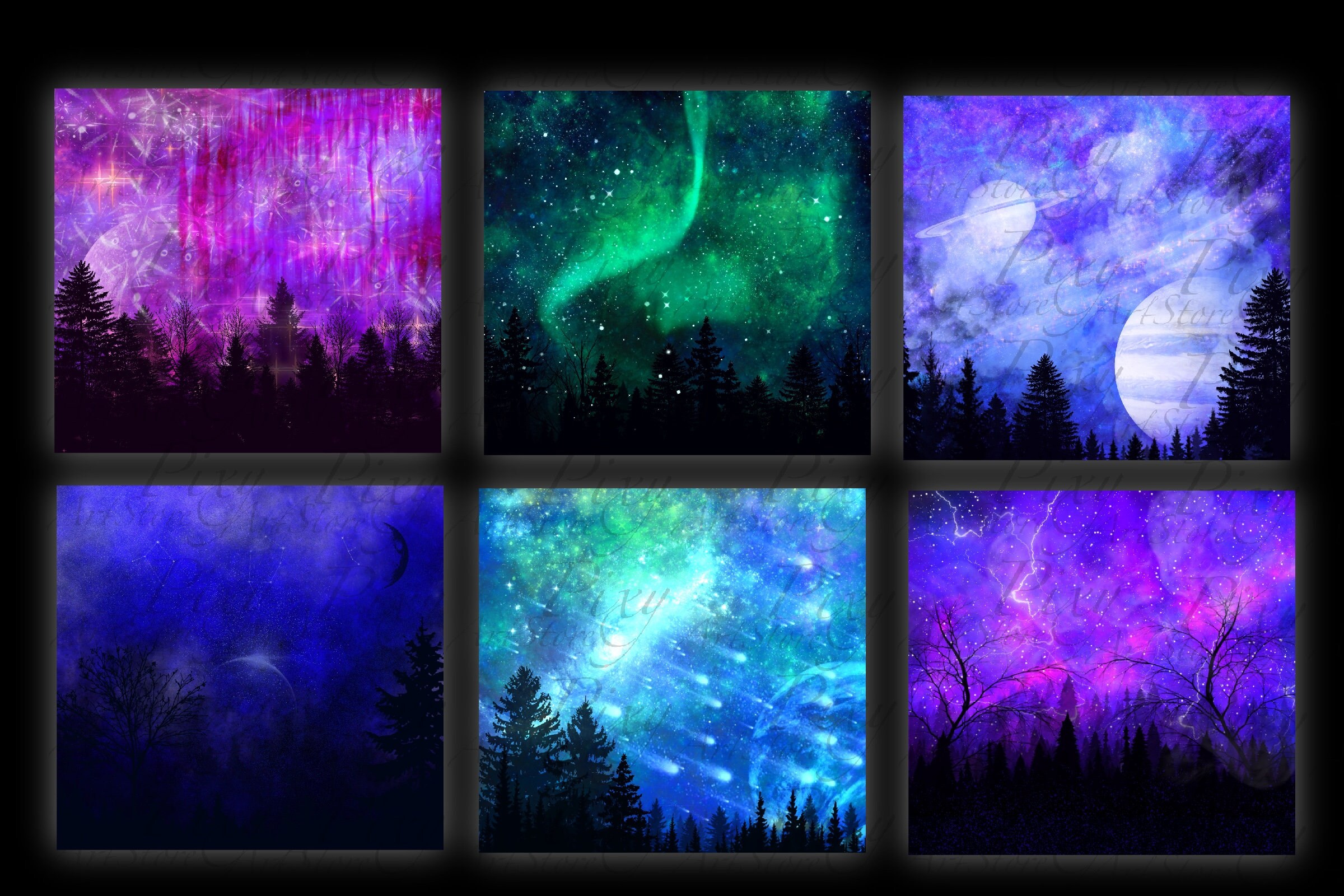 Woodland Nights Digital Paper, Forest Night Sky, Fantastic Starry Night ...