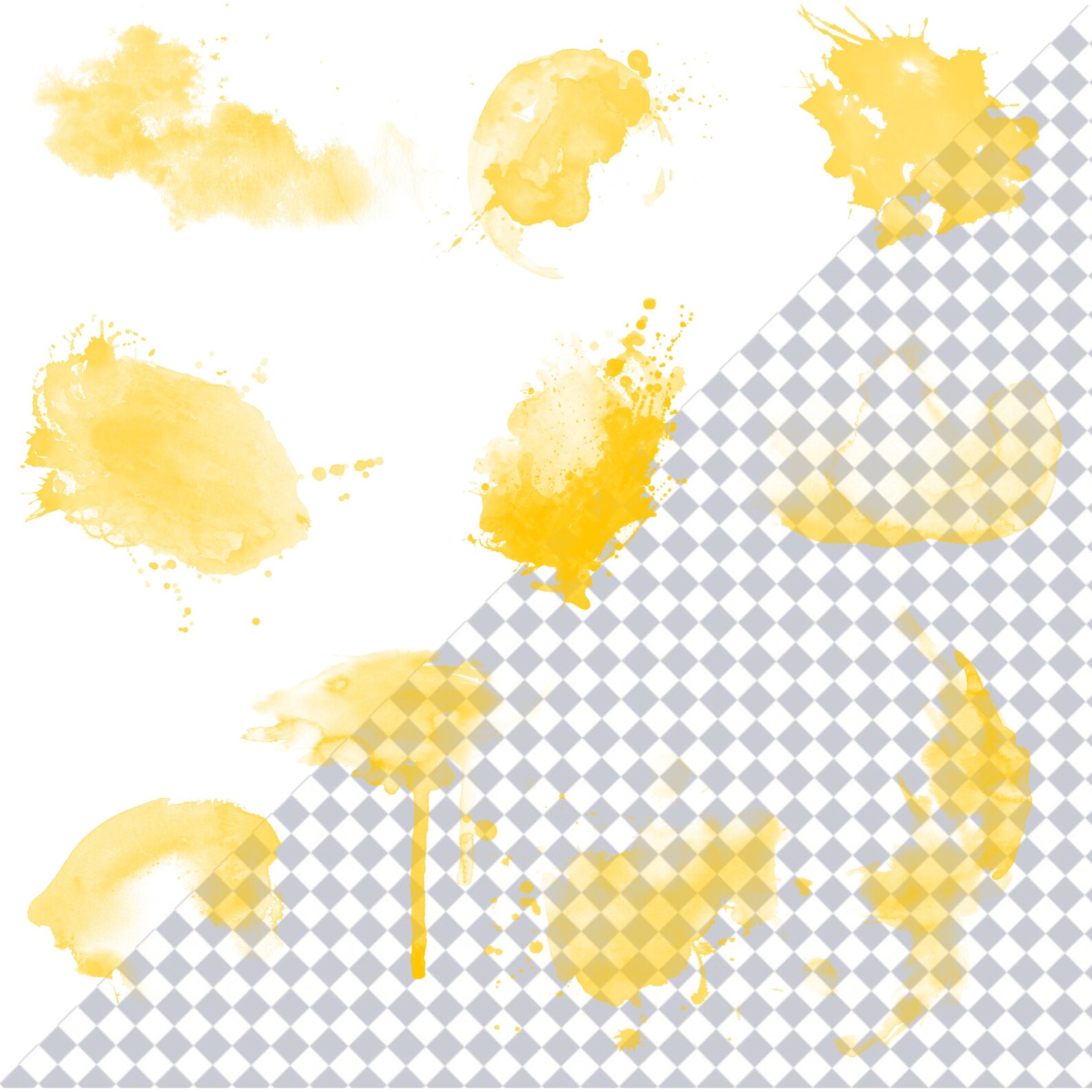 Yellow Watercolor Splashes and Gold Overlays, 32 PNG, Background ...