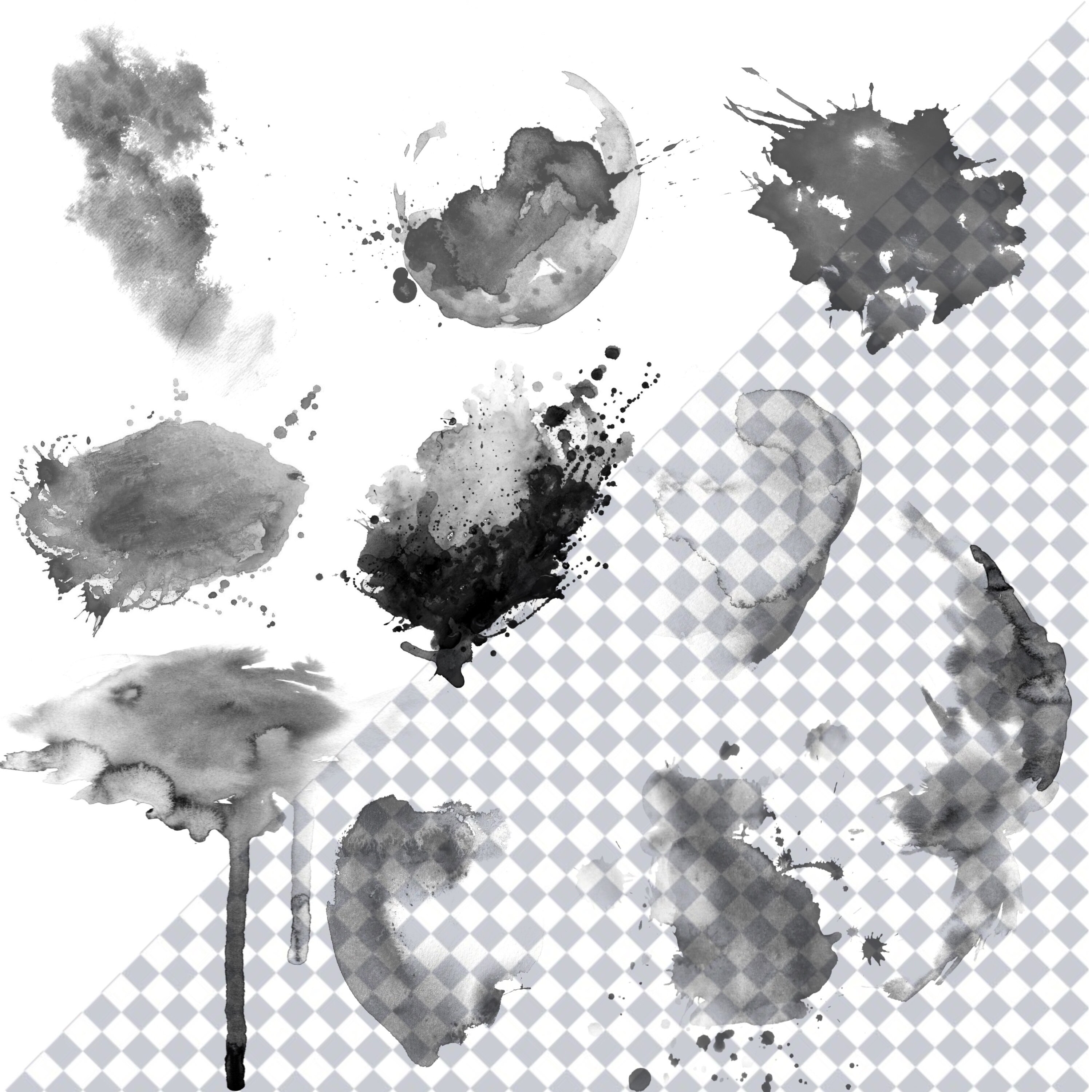 Black Watercolor Splashes and Gold Overlays, 32 PNG, Background ...