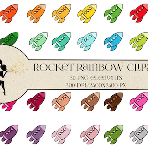 Rainbow Rockets Clipart Set 30 PNG Colorful Space Rockets, Instant ...