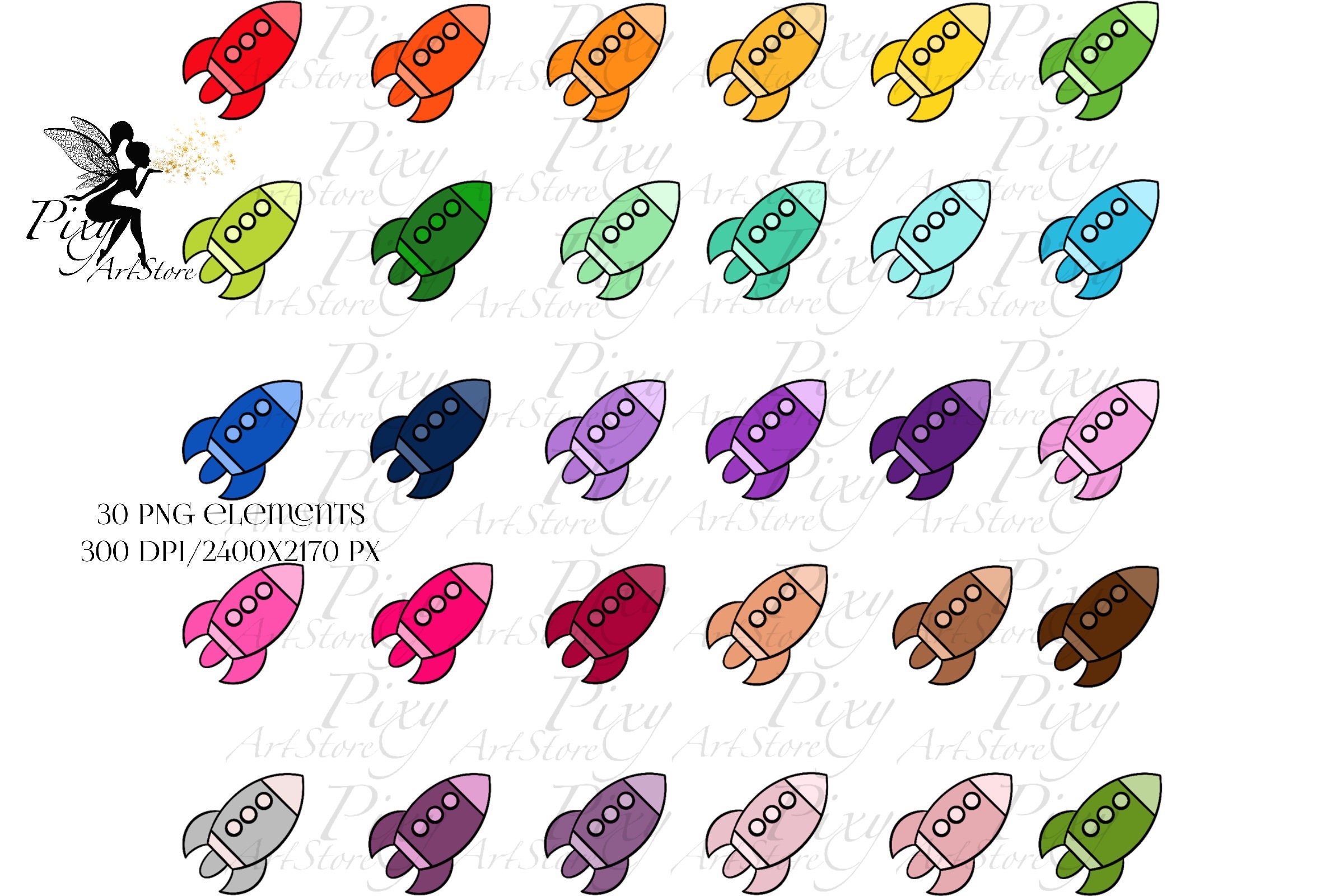 Rainbow Rockets Clipart Set 30 PNG Colorful Space Rockets, Instant ...