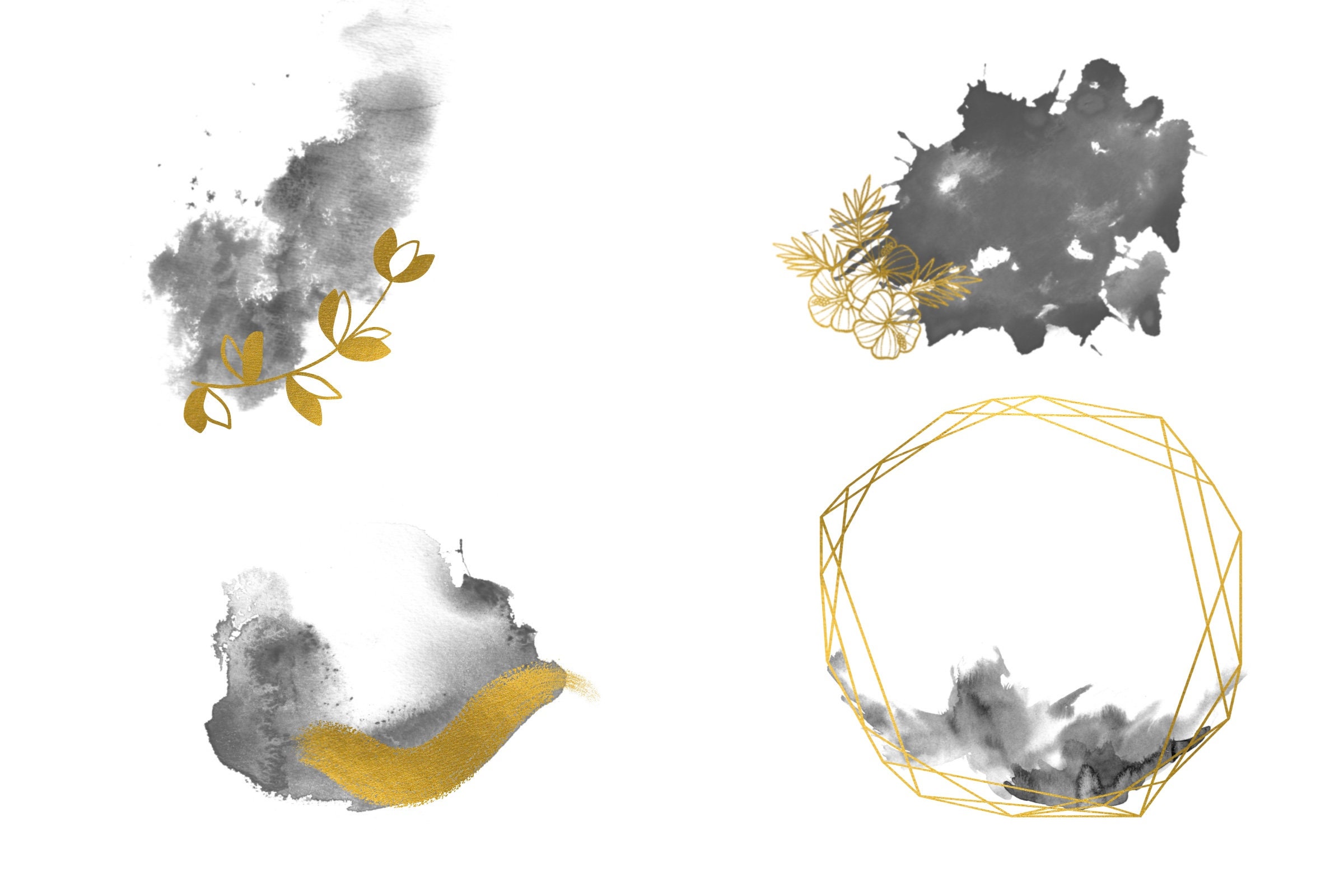 Black Watercolor Splashes and Gold Overlays, 32 PNG, Background ...