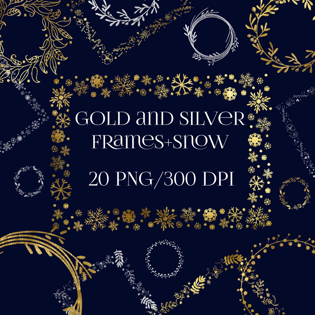 Gold and Silver Frames With Snow, Digital Clipart Gold and Silver ...