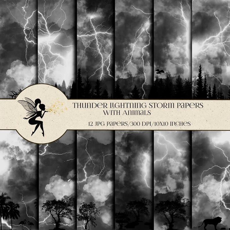 Thunder Lightning Storm Papers With Animals and Trees, Digital Set Papers, Instant Download ...