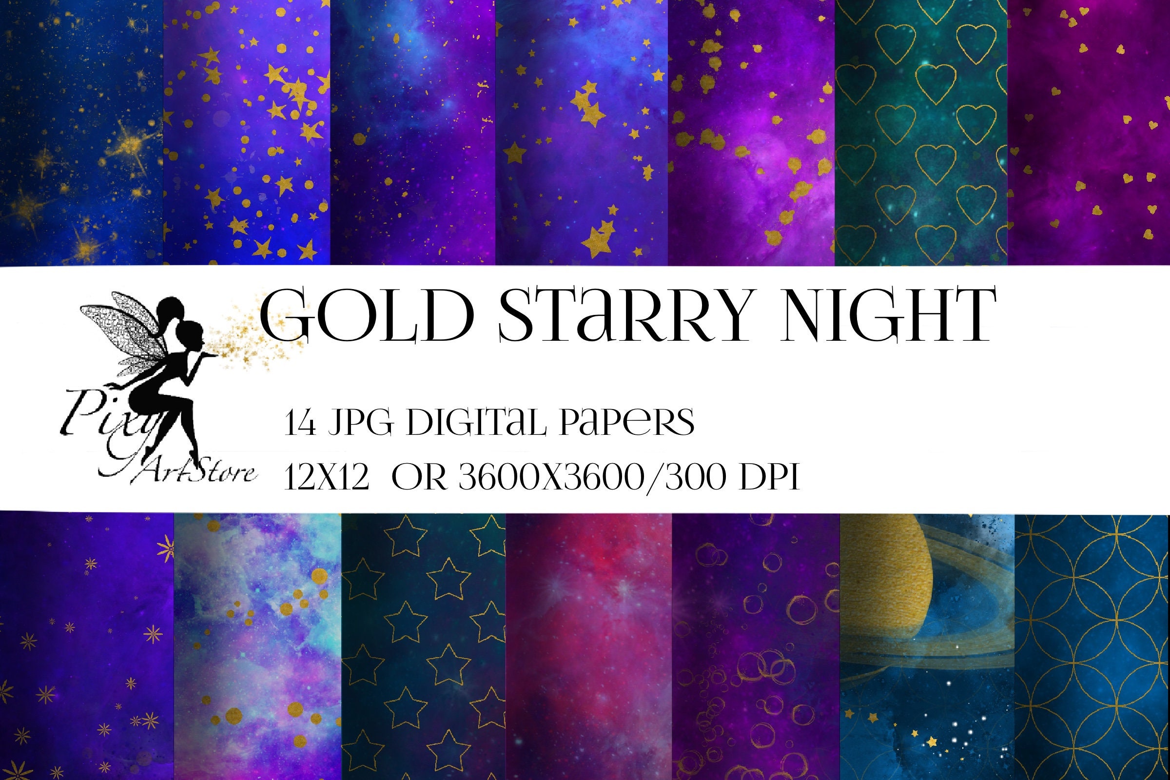 Gold Starry Night Digital Paper, Galaxy Scrapbook Paper, Starry Paper ...