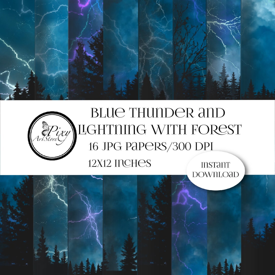 Blue Thunder Lightning With Forest Storm Papers, Digital Set Papers ...