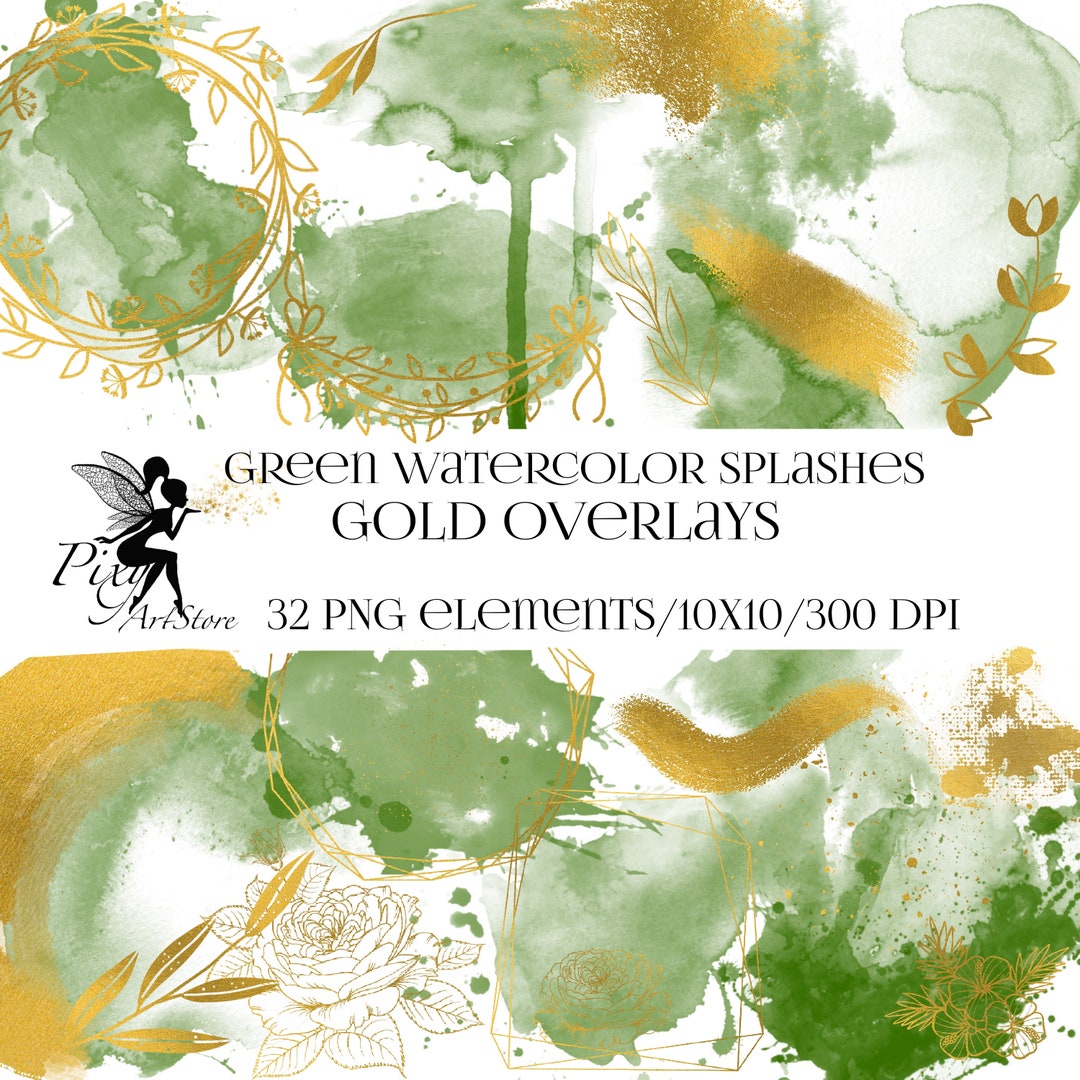 Green Watercolor Splashes and Gold Overlays, 32 PNG, Background ...