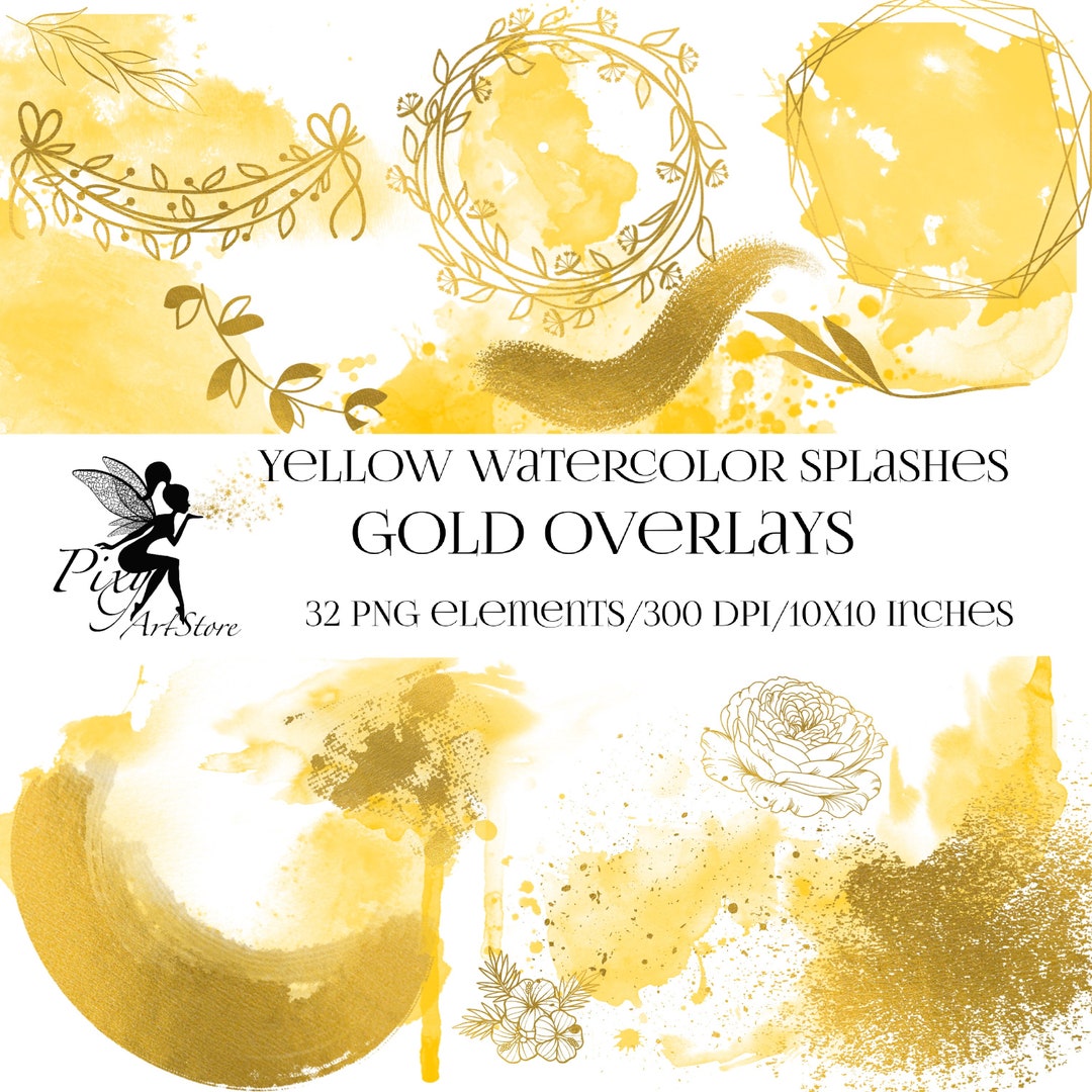Yellow Watercolor Splashes and Gold Overlays, 32 PNG, Background ...