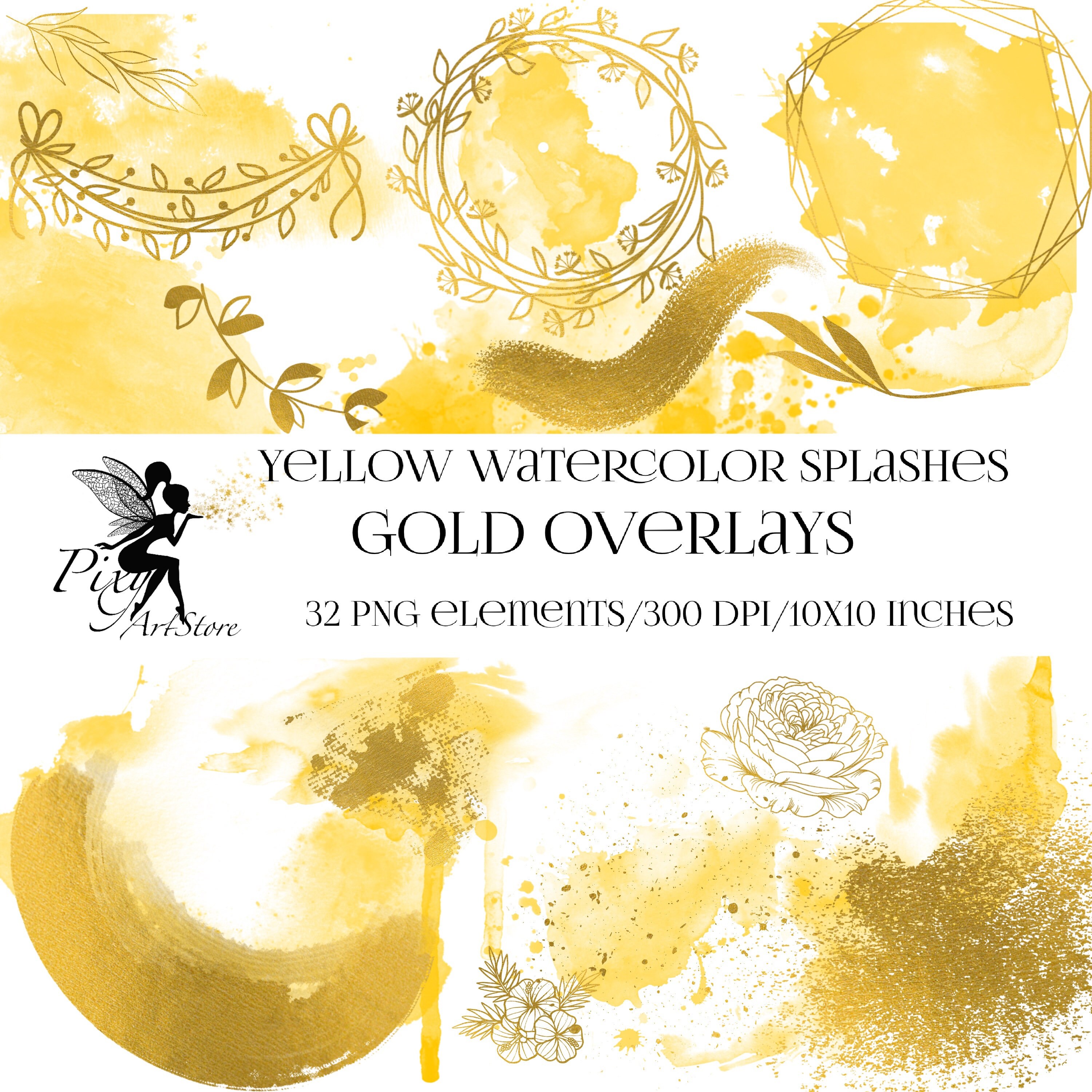 Yellow Watercolor Splashes and Gold Overlays, 32 PNG, Background ...