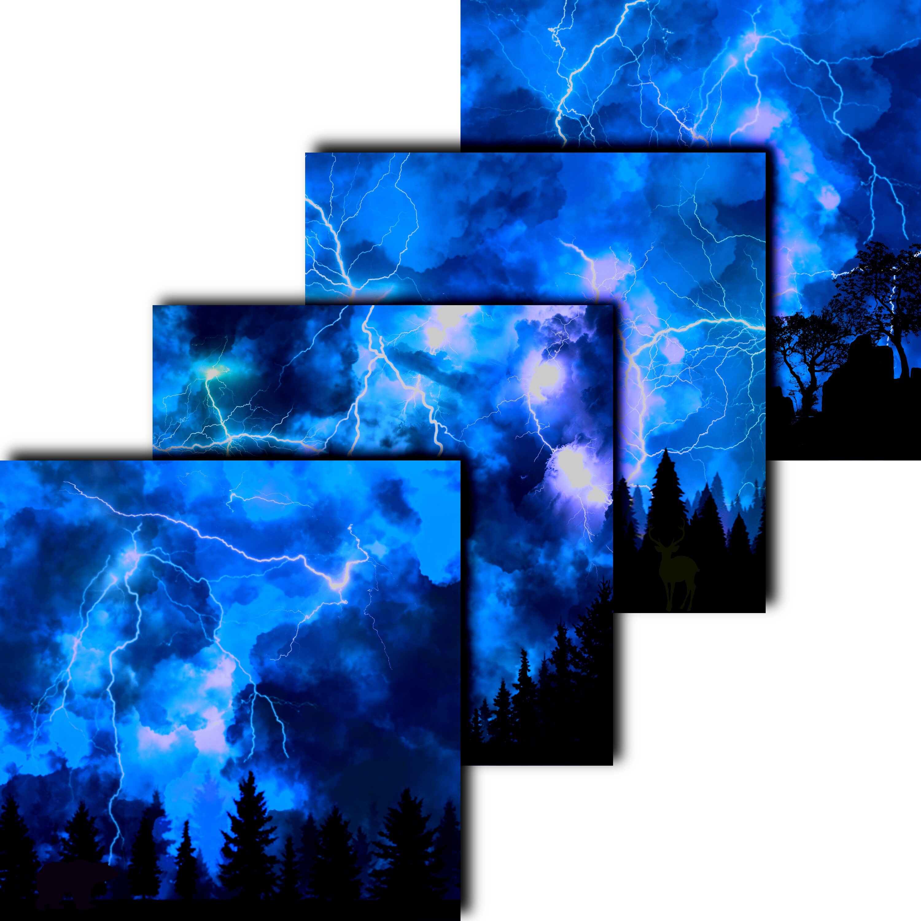 Thunder Lightning Storm Papers With Animals and Trees, Digital Set ...