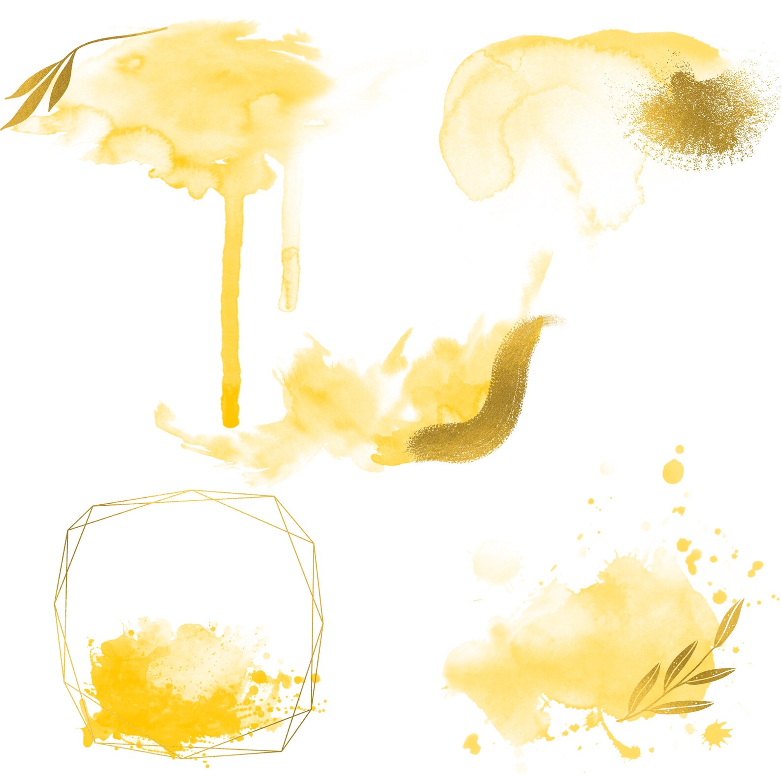 Yellow Watercolor Splashes and Gold Overlays, 32 PNG, Background ...
