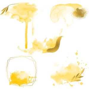 Yellow Watercolor Splashes and Gold Overlays, 32 PNG, Background ...
