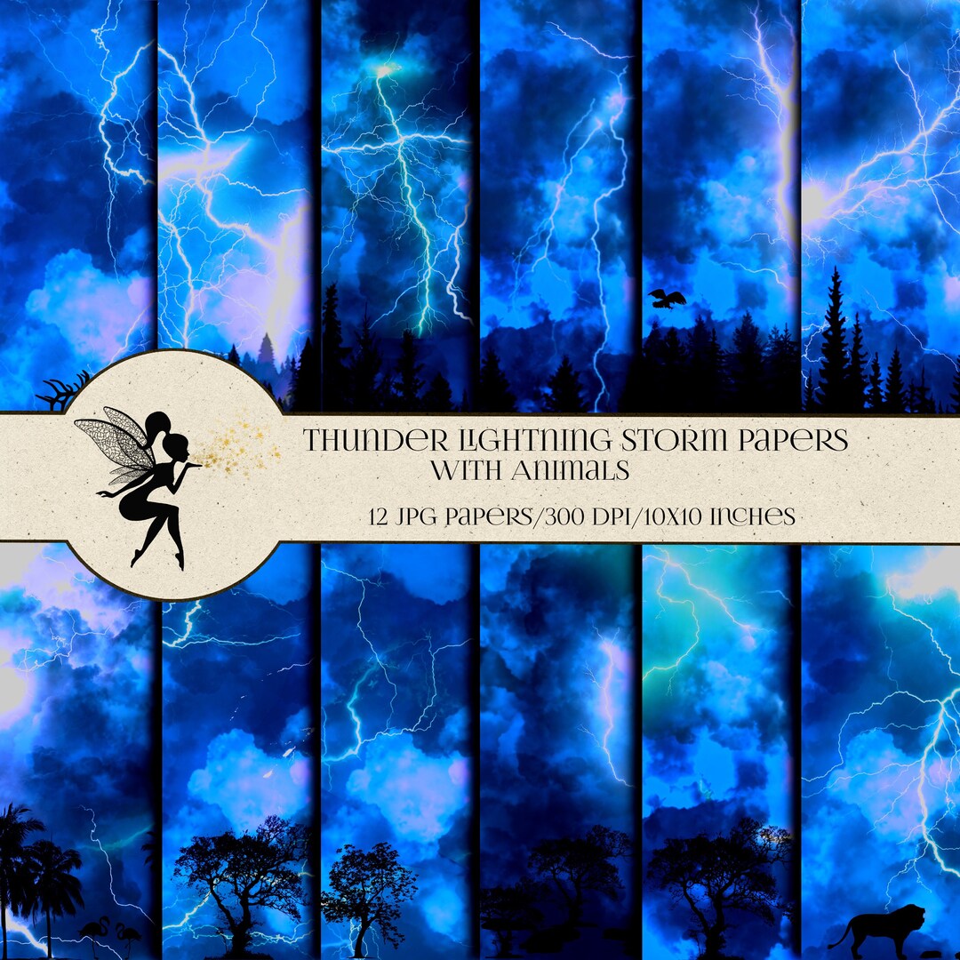 Thunder Lightning Storm Papers With Animals and Trees, Digital Set ...