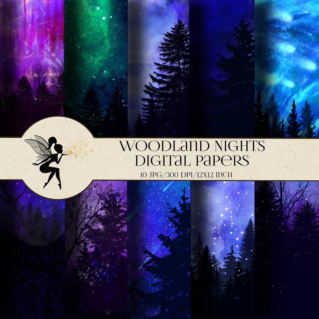 Woodland Nights Digital Paper, Forest Night Sky, Fantastic Starry Night ...
