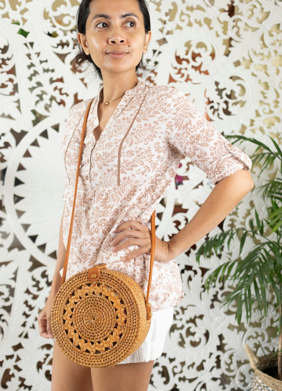 The Braided Round Rattan Crossbody Bag With Colourful Batik Print ...