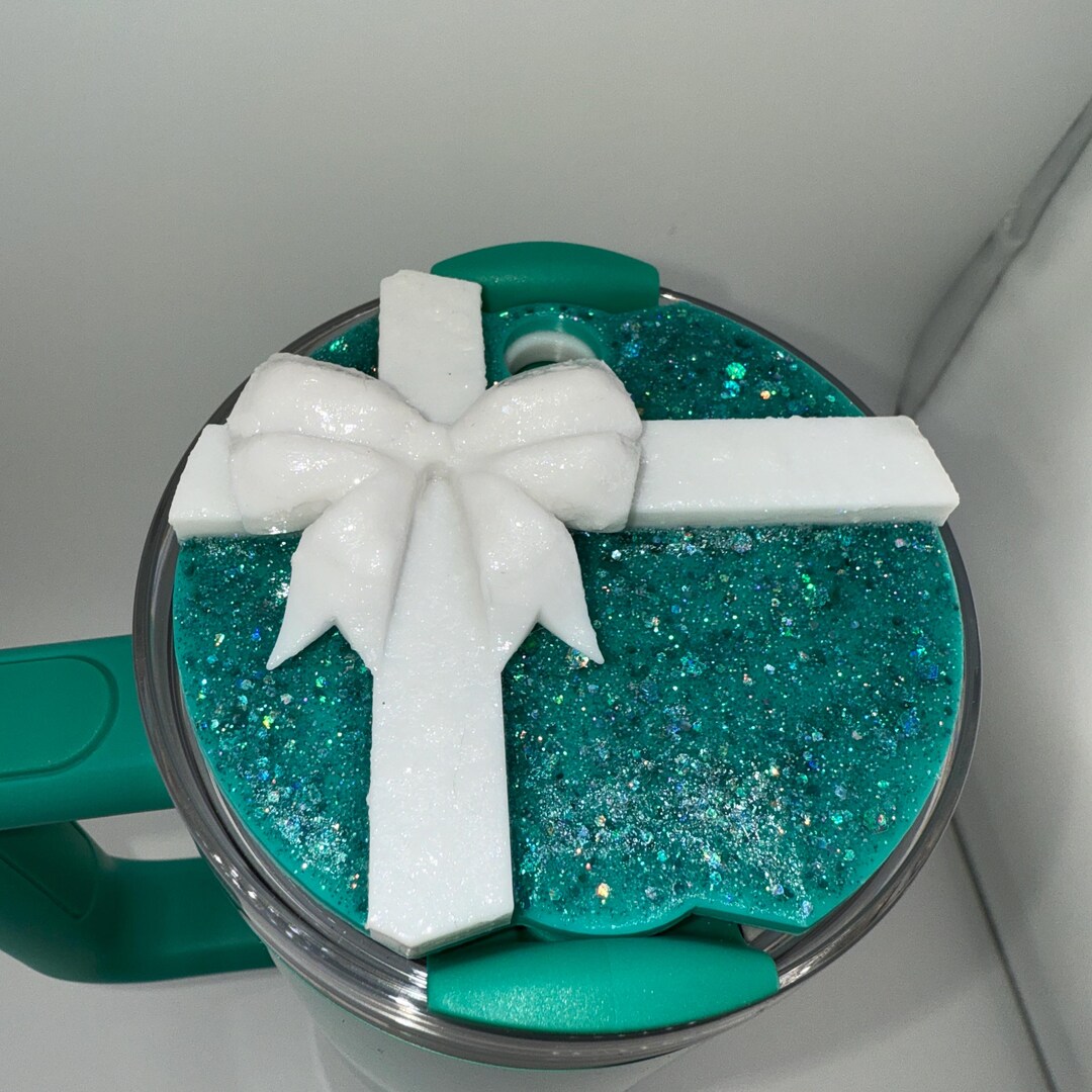 Teal Turquoise White Bow Glitter Topper, Fits Stanley Lids, Rhinestones ...