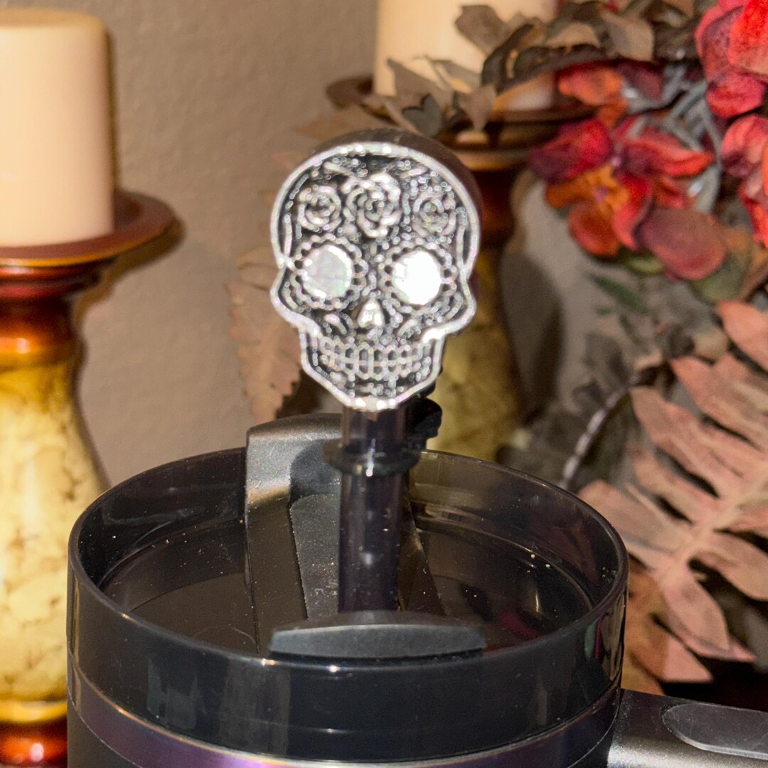 Black or Silver Sugar Skull Straw Topper, for Stanley 20 30 or 40 Oz ...